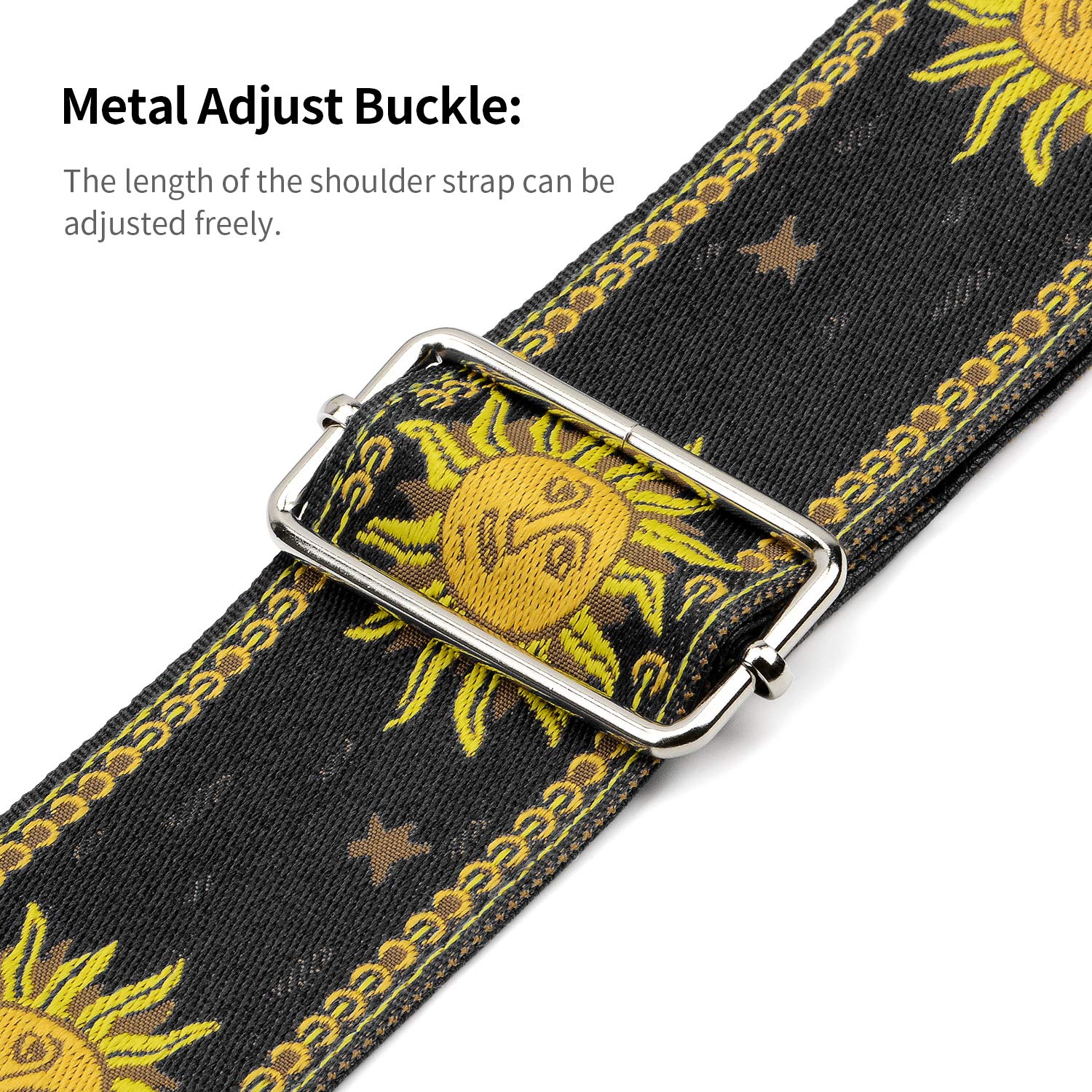 Guitar Strap, Vintage Embroidered Sun Straps with Genuine Leather Ends Guitar Shoulder Strap for Bass, Acoustic,Classical & Electric Guitar (Black)