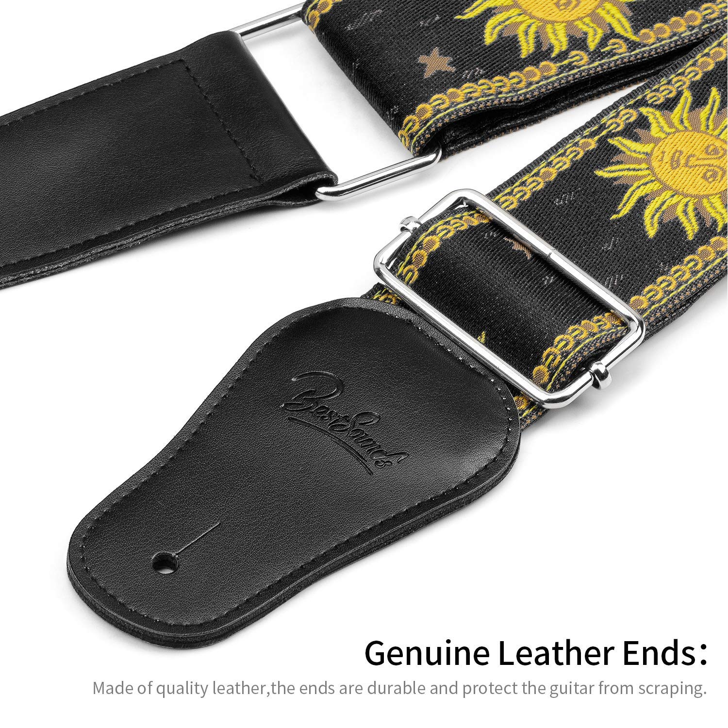 Guitar Strap, Vintage Embroidered Sun Straps with Genuine Leather Ends Guitar Shoulder Strap for Bass, Acoustic,Classical & Electric Guitar (Black)