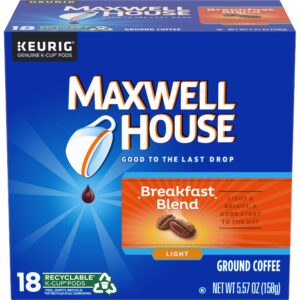 maxwell house breakfast blend coffee, k-cup pods, 72 count (4 packs of 18)