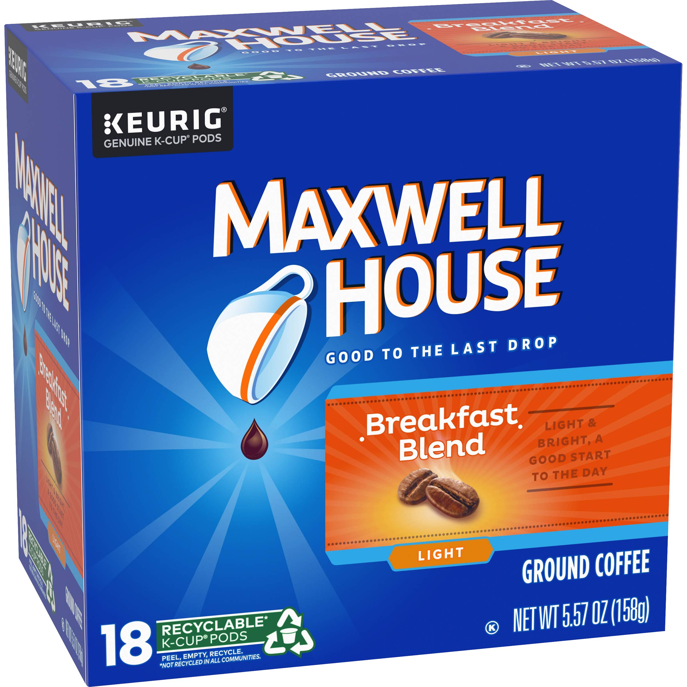 Maxwell House Breakfast Blend Coffee, K-CUP Pods, 72 count (4 Packs of 18)