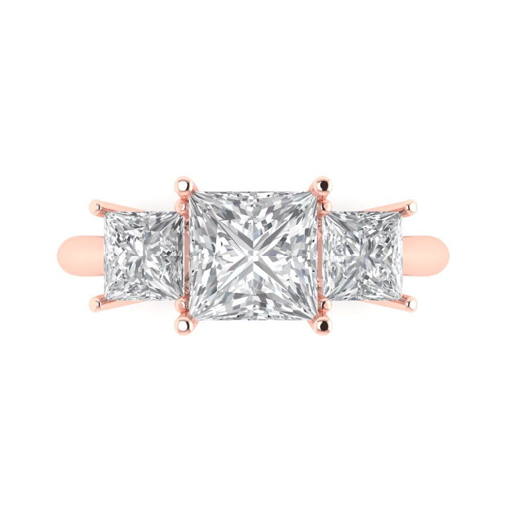 2.62 Ct Princess Cut Clear Simulated Diamond 14K Rose Gold Solitaire with Accents 3 Stone Engagement Promise Ring Sz 4.25