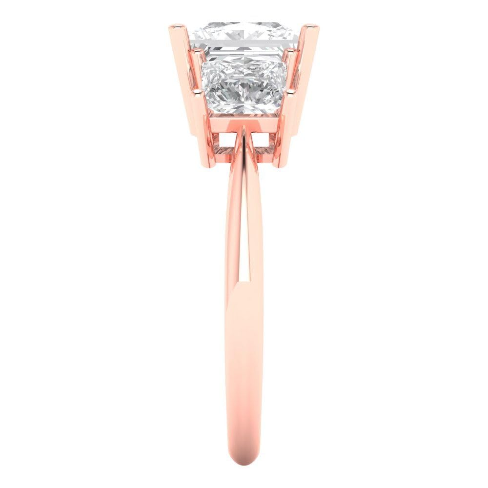 2.62 Ct Princess Cut Clear Simulated Diamond 14K Rose Gold Solitaire with Accents 3 Stone Engagement Promise Ring Sz 4.25