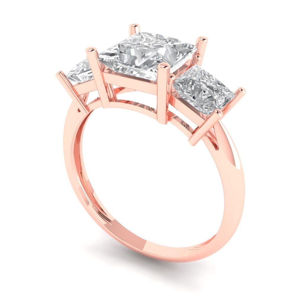 2.62 Ct Princess Cut Clear Simulated Diamond 14K Rose Gold Solitaire with Accents 3 Stone Engagement Promise Ring Sz 4.25