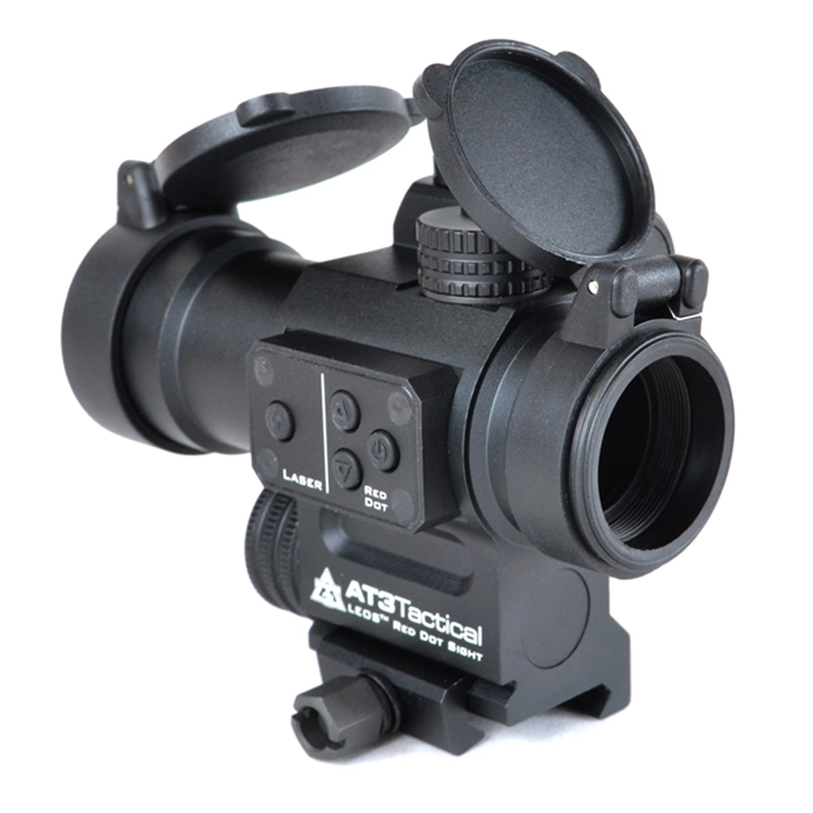 AT3 LEOS Red Dot Sight with Integrated Laser & Riser - 2 MOA Red Dot Scope with Flip Up Lens Caps