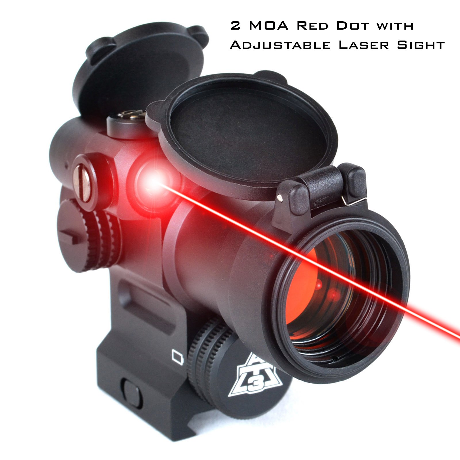 AT3 LEOS Red Dot Sight with Integrated Laser & Riser - 2 MOA Red Dot Scope with Flip Up Lens Caps