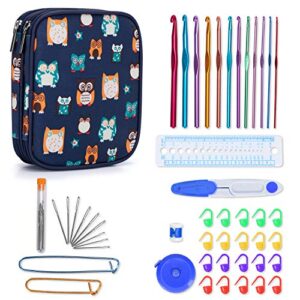 teamoy aluminum crochet hooks set, knitting needle kit, organizer carrying case with 12pcs 2mm to 8mm hooks and complete accessories, all in place and easy to carry, owls