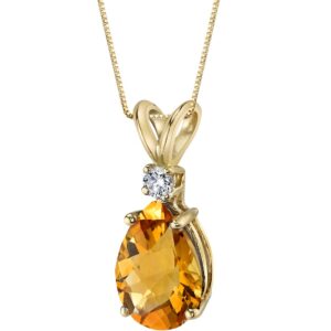 peora 14k yellow gold citrine and diamond pendant for women, natural gemstone birthstone teardrop solitaire, 1.60 carats total pear shape aaa grade