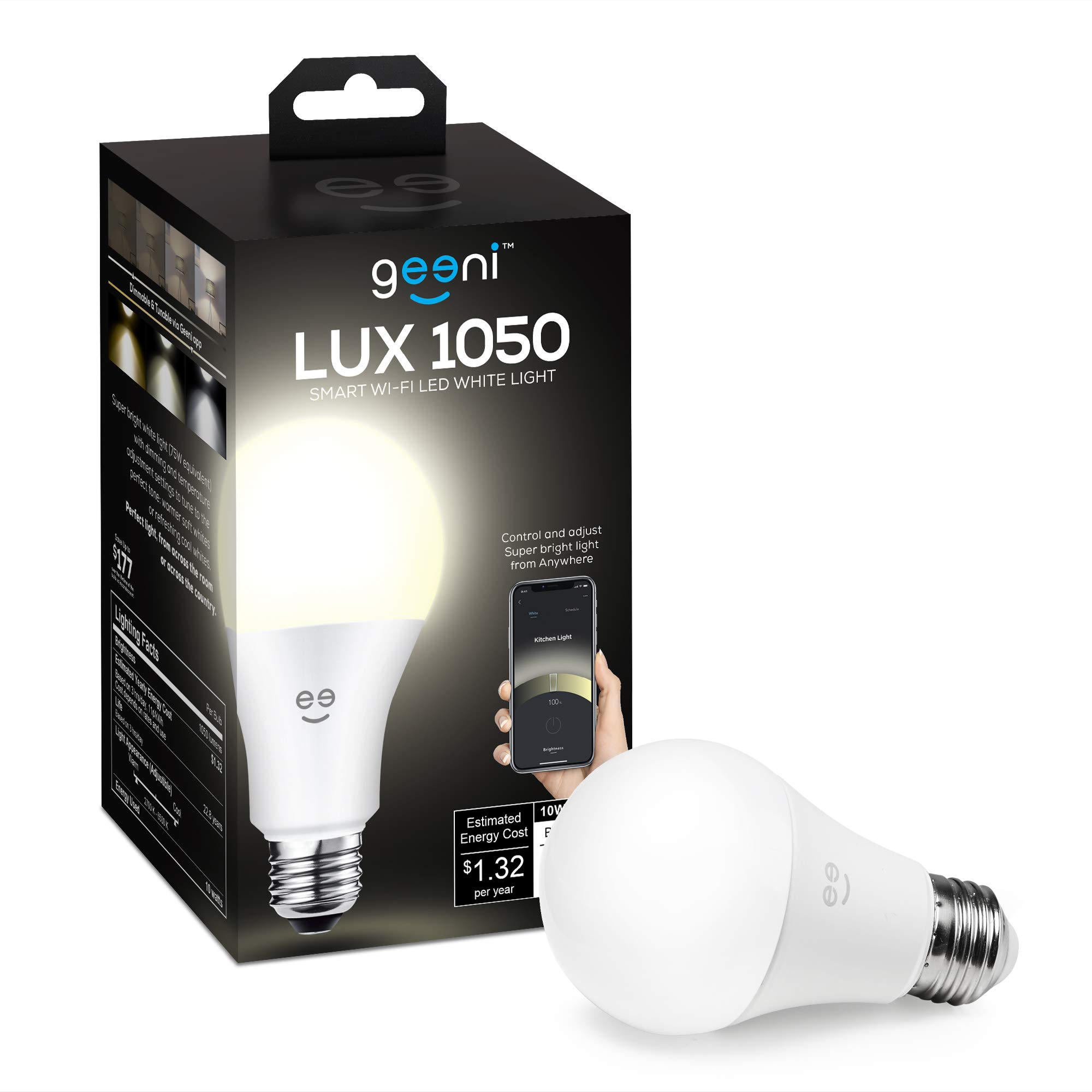 Geeni LED Wi-Fi Smart Bulb Works with Alexa and Google Home, A21 Dimmable,1050 Lumens, 2700K, 11W (75W Equivalent) 2.4Ghz WiFi