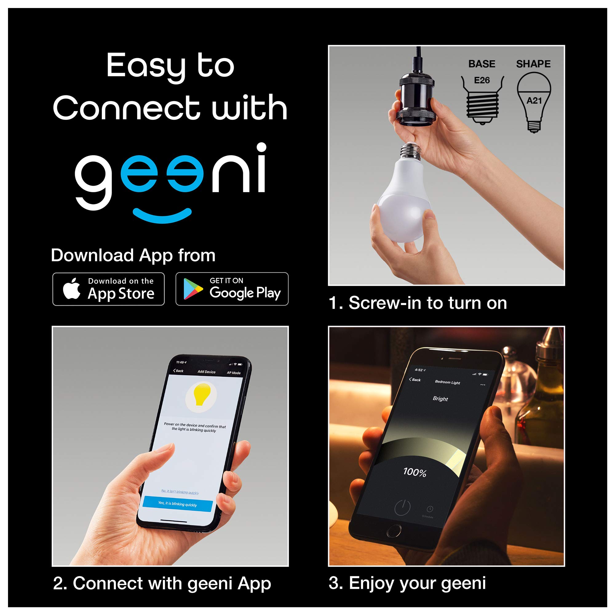 Geeni LED Wi-Fi Smart Bulb Works with Alexa and Google Home, A21 Dimmable,1050 Lumens, 2700K, 11W (75W Equivalent) 2.4Ghz WiFi