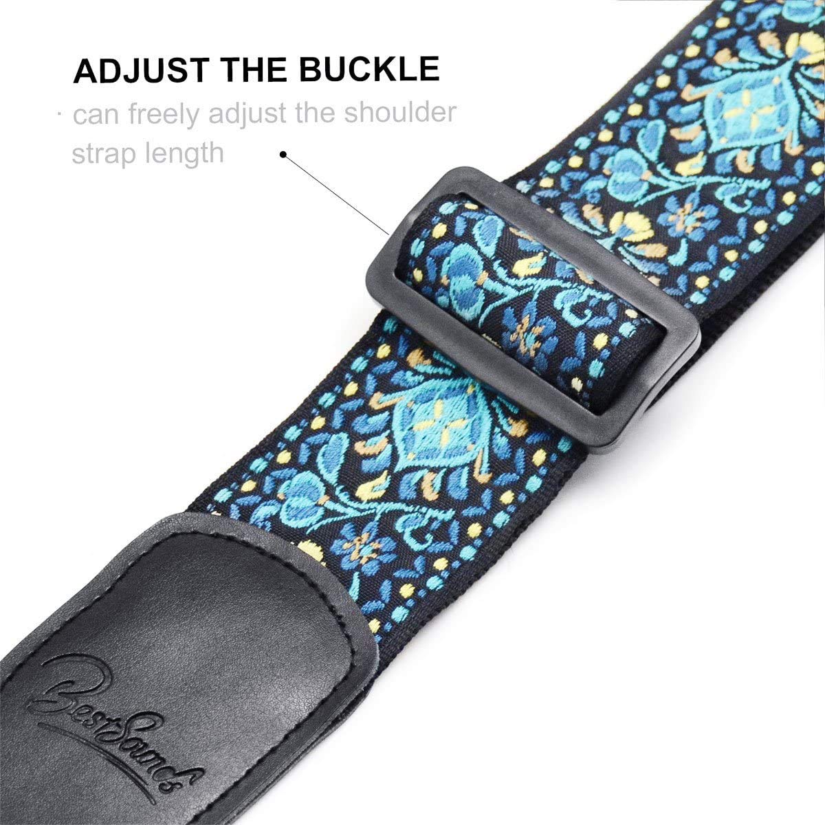 Guitar Strap, Vintage Embroidered Cotton Strap with Genuine Leather Ends for Acoustic and Electric Guitar, Bass Guitars