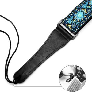 Guitar Strap, Vintage Embroidered Cotton Strap with Genuine Leather Ends for Acoustic and Electric Guitar, Bass Guitars