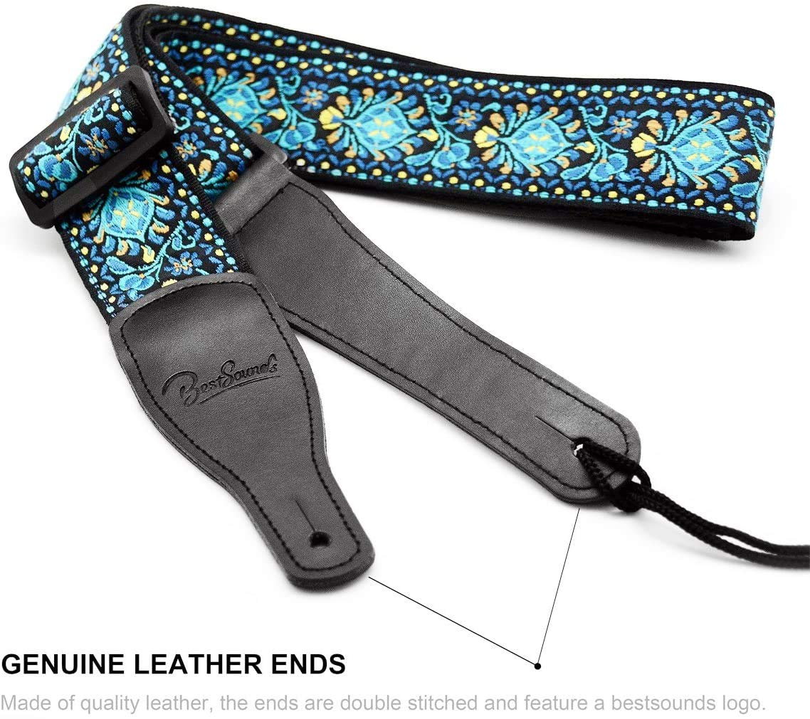 Guitar Strap, Vintage Embroidered Cotton Strap with Genuine Leather Ends for Acoustic and Electric Guitar, Bass Guitars