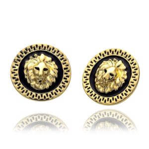 yellow gold plated black round earrings stud push back lion 1" l319