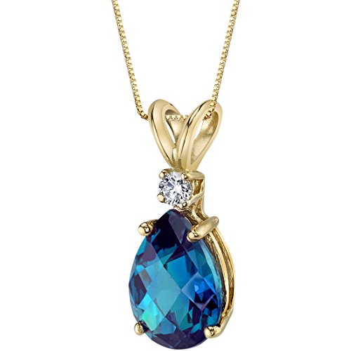 PEORA Created Alexandrite with Genuine Diamond Pendant for Women 14K Yellow Gold, 2.55 Carats total, Color-Changing Pear Shape