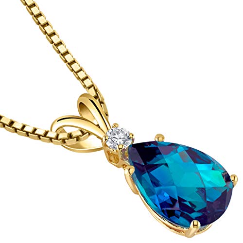 PEORA Created Alexandrite with Genuine Diamond Pendant for Women 14K Yellow Gold, 2.55 Carats total, Color-Changing Pear Shape