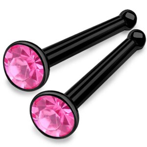 bodyjewellery 2pcs 18g 1mm nose stud bone straight bar nostril ring black anodized surgical stainless steel 2mm crystal choose color (rose)