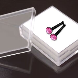 bodyjewellery 2pcs 18g 1mm Nose Stud Bone Straight Bar Nostril Ring Black Anodized Surgical Stainless Steel 2mm Crystal Choose Color (Rose)