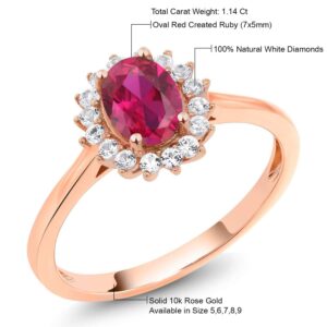 Gem Stone King 10K Rose Gold Red Created Ruby and White Created Sapphire Engagement Ring For Women (1.14 Cttw, Oval, Available in size 5, 6, 7, 8, 9)