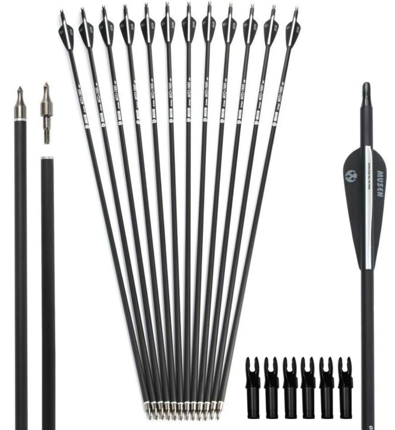 Musen 28"/30" Carbon Archery Arrows, Shaft Spine 500 with Removable Tips, GPI 13.0 Hunting and Target Practice Arrows for Both Compound Bow and Recurve Bow, 12 Pcs