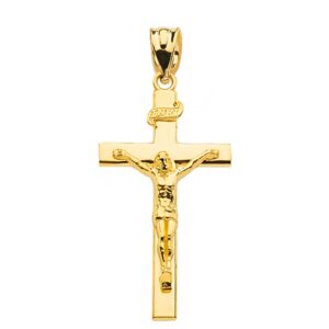 solid 14k yellow gold cross inri crucifix charm pendant (1.60")