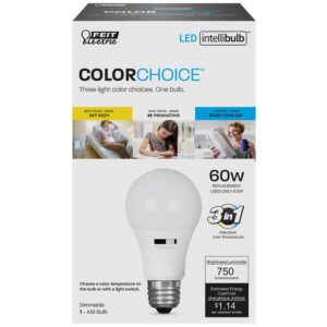 Feit Electric LED Three-Color Choice Intellibulb - A19 with an E26 Medium Base Light Bulb - 60W Equivalent - 15 Year Life - 750 Lumen - 2700K Soft White, 4000K Cool White and 5000K Daylight