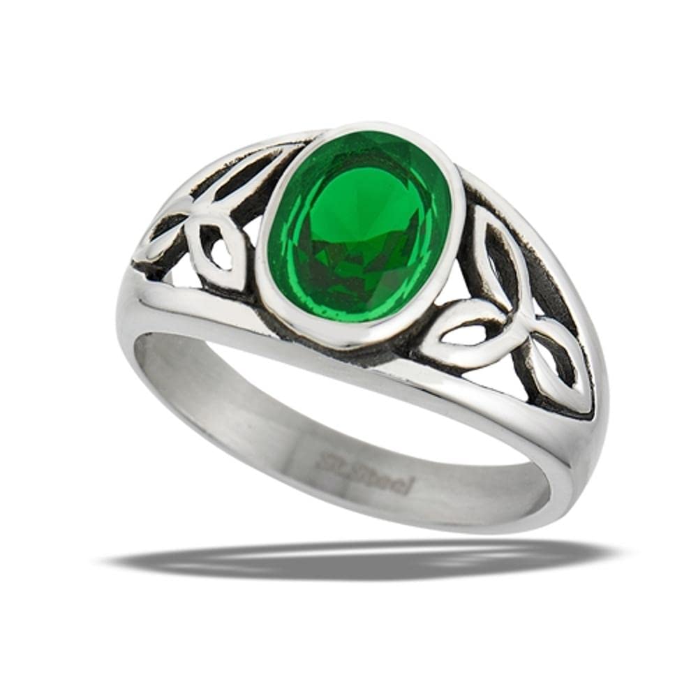 Simulated Emerald Celtic Filigree Trinity Knot Ring New Stainless Steel Band Size 10