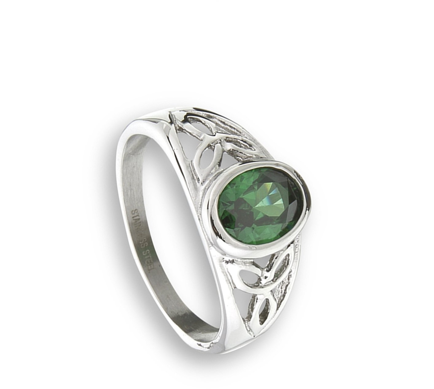 Simulated Emerald Celtic Filigree Trinity Knot Ring New Stainless Steel Band Size 10