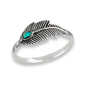 simulated turquoise oxidized feather ring .925 sterling silver tree leaf band size 9