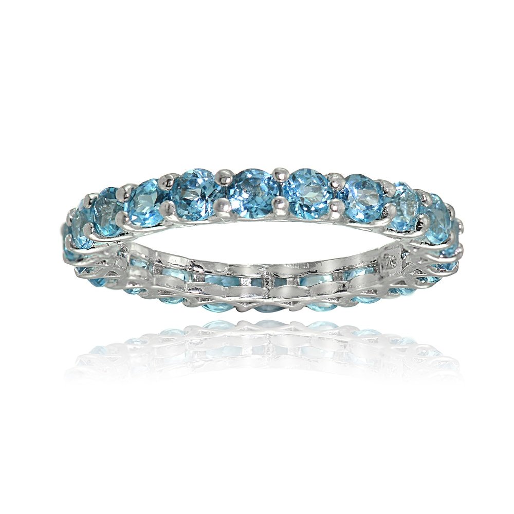 Ice Gems Sterling Silver Swiss Blue Topaz 3mm Round-cut Eternity Band Ring, Size 10