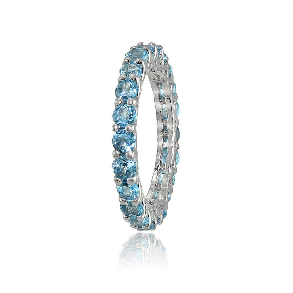 Ice Gems Sterling Silver Swiss Blue Topaz 3mm Round-cut Eternity Band Ring, Size 10