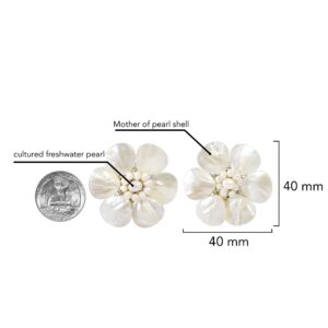 AeraVida Pretty White Mother of Pearl Flower Clip On Earrings for Women | Handmade Mother of Pearl Shell, Cultured Freshwater Pearl Earrings | 40 mm Width