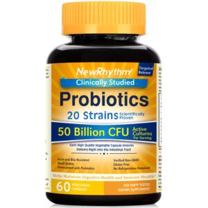 newrhythm probiotics 50 billion cfu 20 strains, 60 veggie capsules, targeted release technology, stomach acid resistant, no need for refrigeration, non-gmo, gluten free