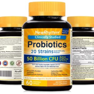 NewRhythm Probiotics 50 Billion CFU 20 Strains, 60 Veggie Capsules, Targeted Release Technology, Stomach Acid Resistant, No Need for Refrigeration, Non-GMO, Gluten Free