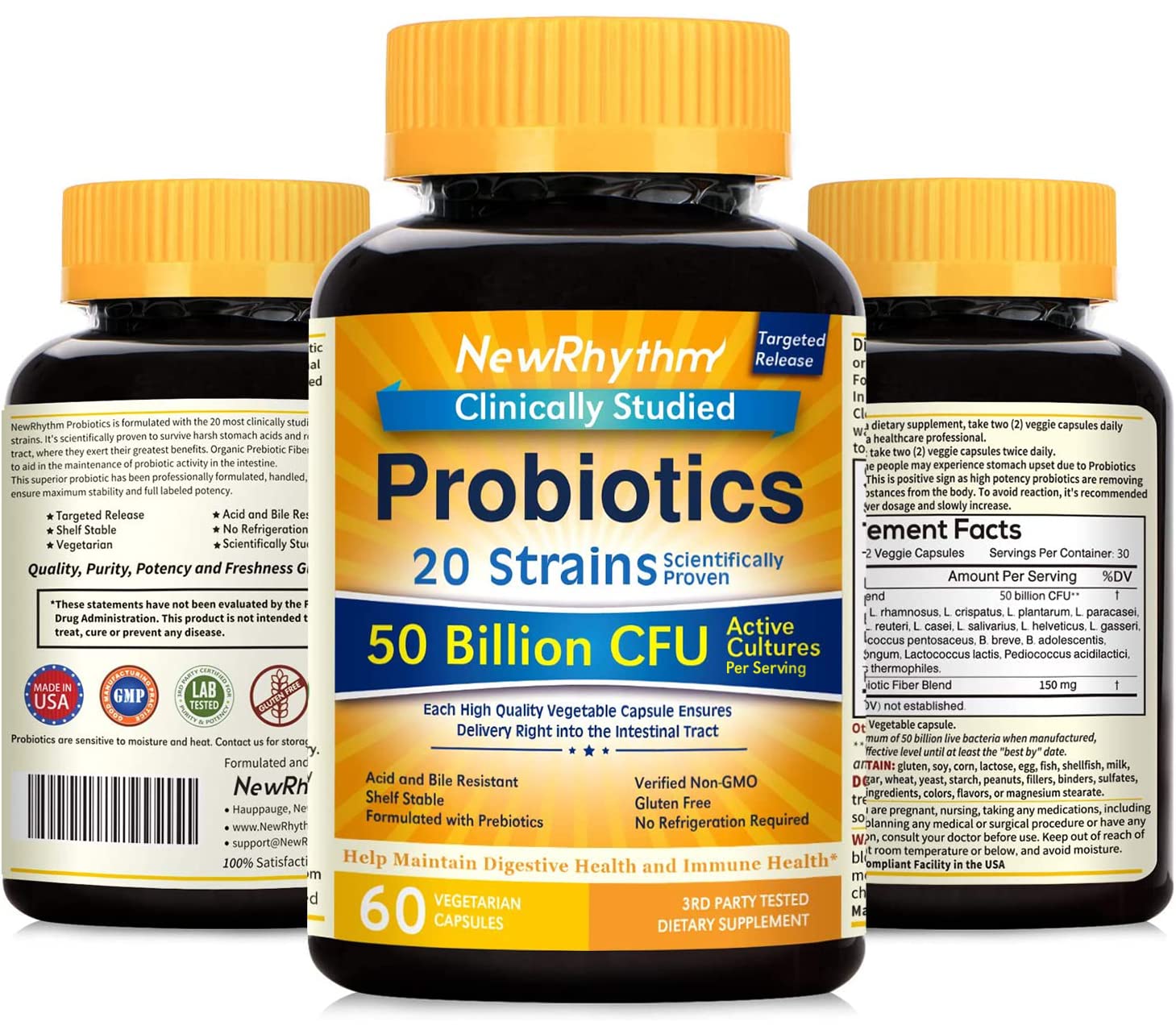 NewRhythm Probiotics 50 Billion CFU 20 Strains, 60 Veggie Capsules, Targeted Release Technology, Stomach Acid Resistant, No Need for Refrigeration, Non-GMO, Gluten Free