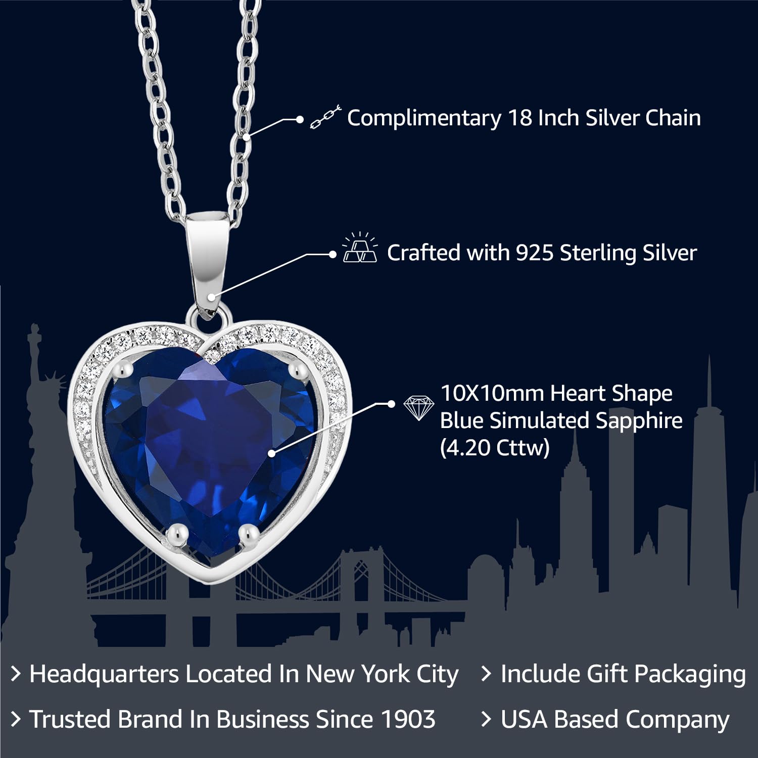 Gem Stone King 925 Sterling Silver Simulated Sapphire Necklace | 4.20 Cttw | Heart Pendant Necklace For Women | Heart Shape 10MM | With 18 Inch Silver Chain