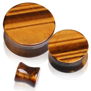 pierced owl natural tiger's eye semi-precious stone saddle plugs, sold as a pair (16mm (5/8"))