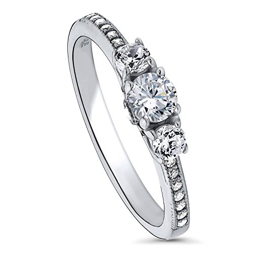 BERRICLE Sterling Silver 3-Stone Wedding Engagement Rings Round Cubic Zirconia CZ Promise Ring for Women, Rhodium Plated Size 4