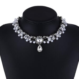 Fashion Womens Pearl Collar Crystal Diamond Chunky Choker Pendant Bib Necklace