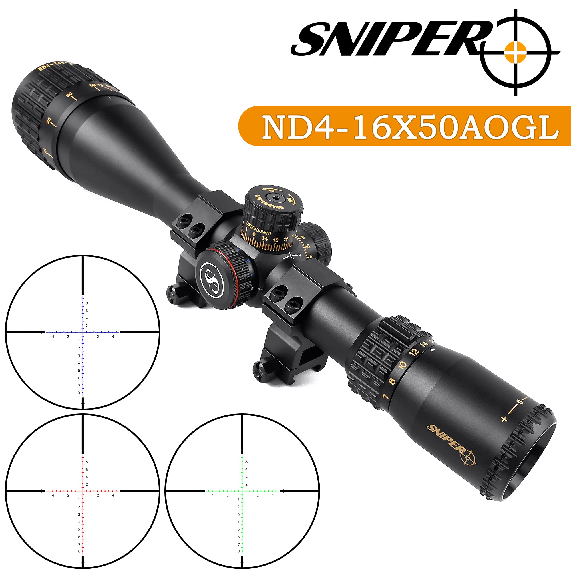 NT Series 4-16X50 / 6-24X50 AO Hunting Rifle Scope, Red/Green/Blue llluminate Glass Etched Reticle, Fully Multi-Coated Lens, Adjustable Objective SFP Riflescopes (4-16x50)