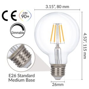 Simba Lighting LED Edison Vintage Vanity Globe Filament G25 (G80) 4W Dimmable 40W Equivalent (6 Pack) 120V Light Bulb for Bathroom Makeup Mirror, Medium E26 Base, CE, RoHS Compliant, Warm White 2700K