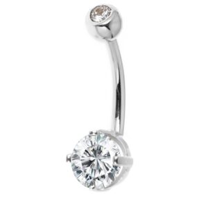 ritastephens 14k solid white gold belly button top bottom cubic zirconia navel barbell ring (white-gold)