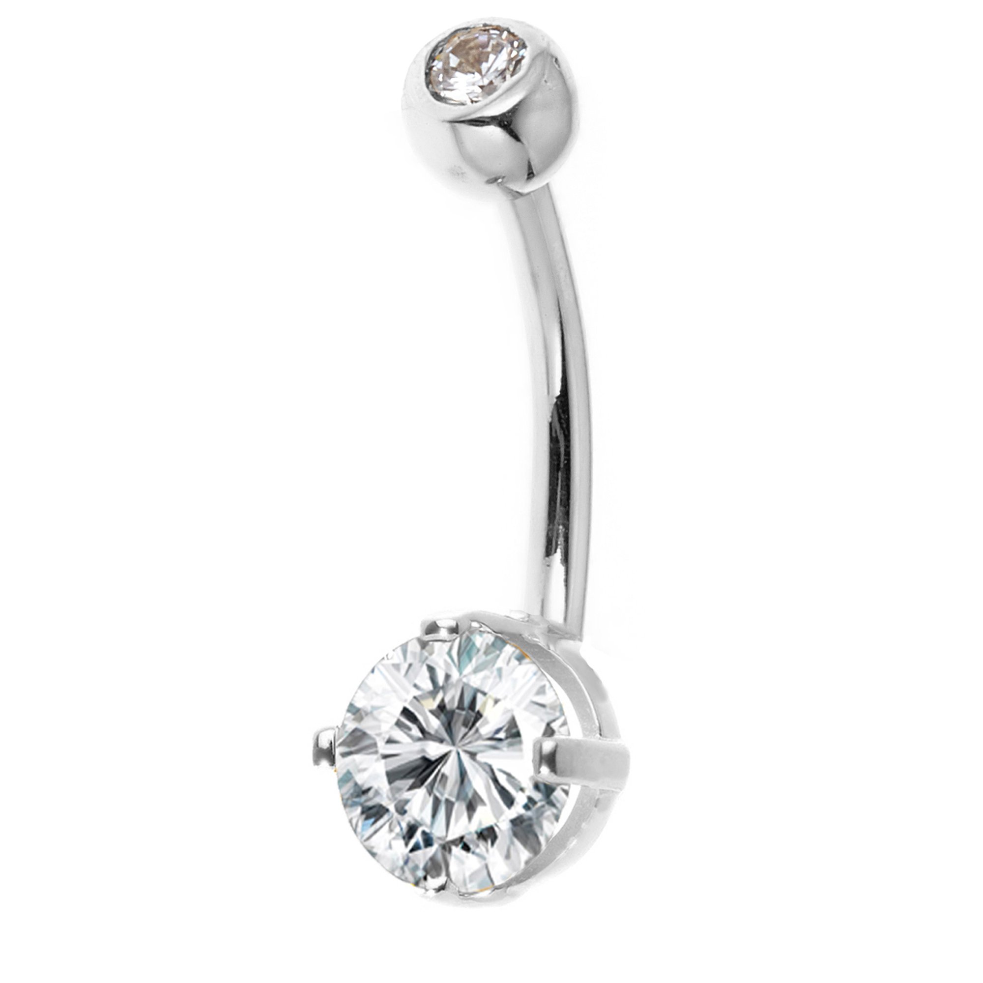 Ritastephens 14k Solid White Gold Belly Button Top Bottom Cubic Zirconia Navel Barbell Ring (white-gold)