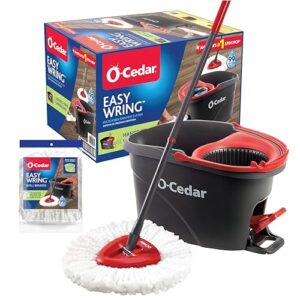 o-cedar easywring microfiber spin mop & bucket floor cleaning system with 1 extra refill,red / gray