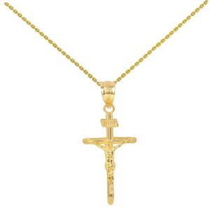 10k yellow gold 1.2" inri crucifix cross pendant necklace - 18" rolo chain