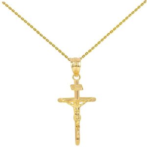 10K Yellow Gold 1.2" INRI Crucifix Cross Pendant Necklace - 18" Rolo Chain