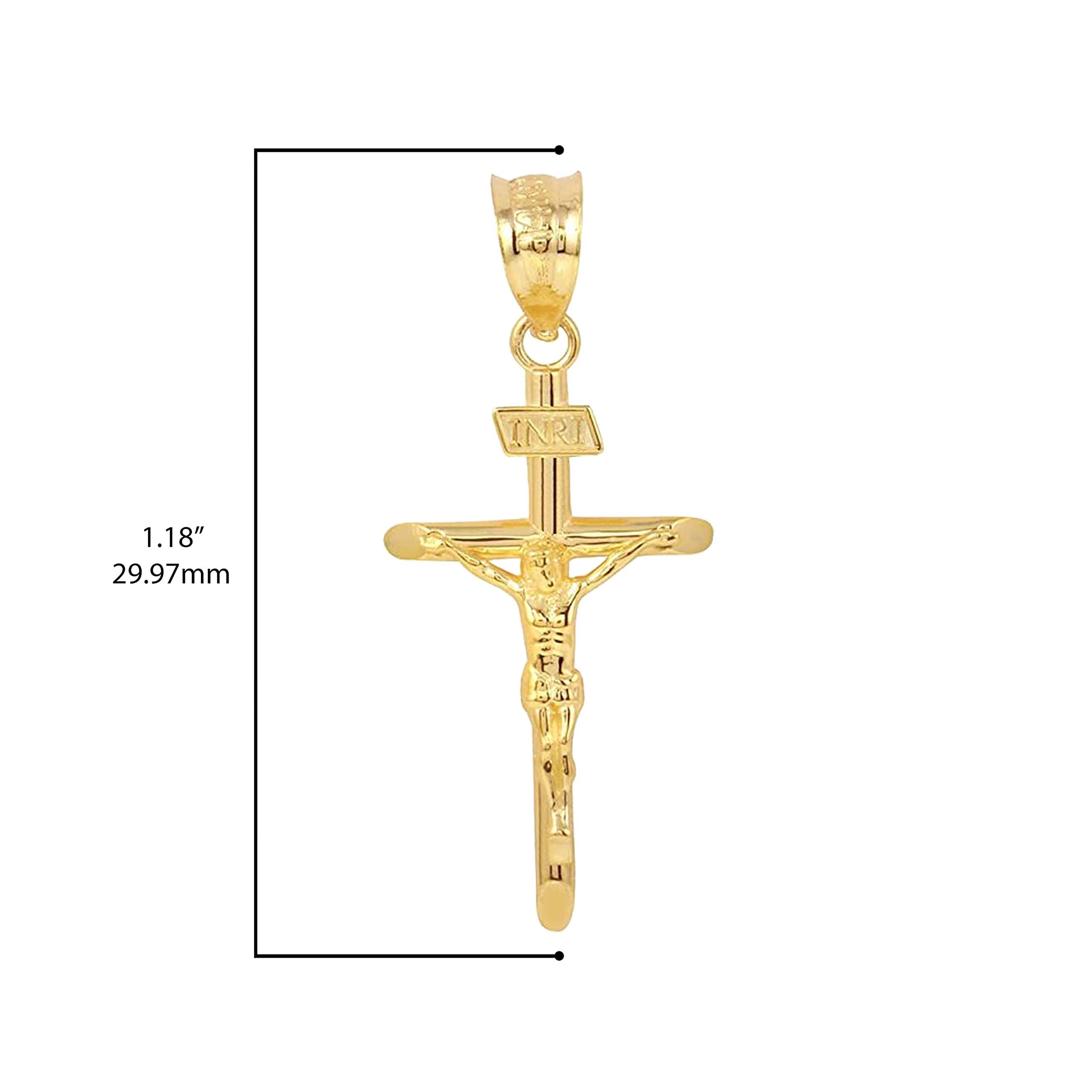 10K Yellow Gold 1.2" INRI Crucifix Cross Pendant Necklace - 18" Rolo Chain