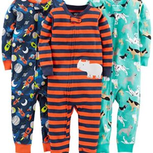 Simple Joys by Carter's Baby Boys' 3-Pack Snug Fit Footless Cotton Pajamas, Navy Space/Rust Stripe/Turquoise Green Dogs, 5T