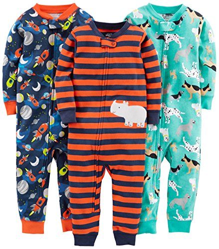 Simple Joys by Carter's Baby Boys' 3-Pack Snug Fit Footless Cotton Pajamas, Navy Space/Rust Stripe/Turquoise Green Dogs, 5T