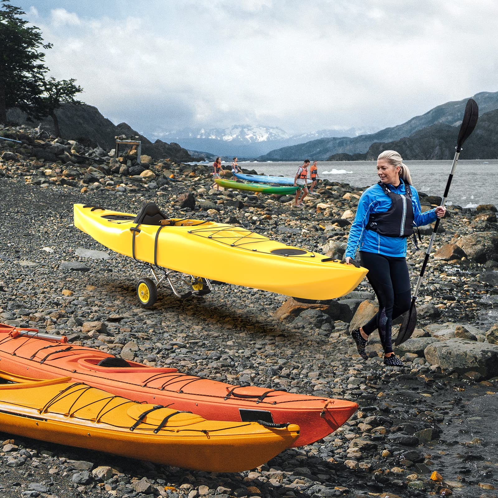 Bonnlo Universal Kayak Carrier - Trolley for Carrying Kayaks, Canoes, Paddleboards, Float Mats, and Jon Boats - Inflation-Free Solid Tires Wheel 2 Ratchet Straps