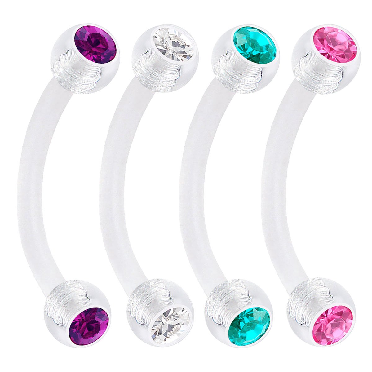 bodyjewellery 4pcs 16g Curved Barbell Cartilage Tragus Eyebrow Flexible Bioflex Helix Conch Earring Auricle Crystal Ball Stud - 10mm